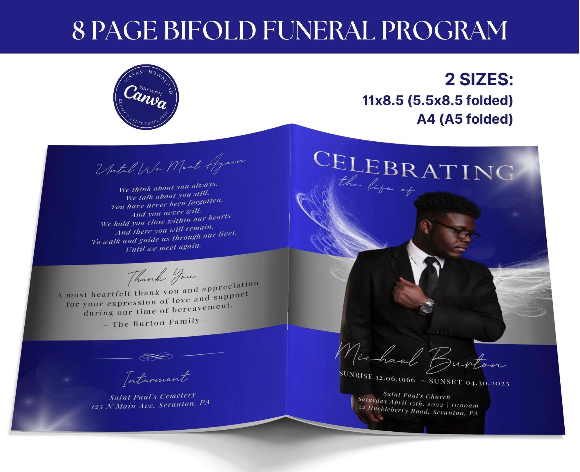 Blue and Silver Funeral Program TEMPLATE 8 Page Bifold - Etsy