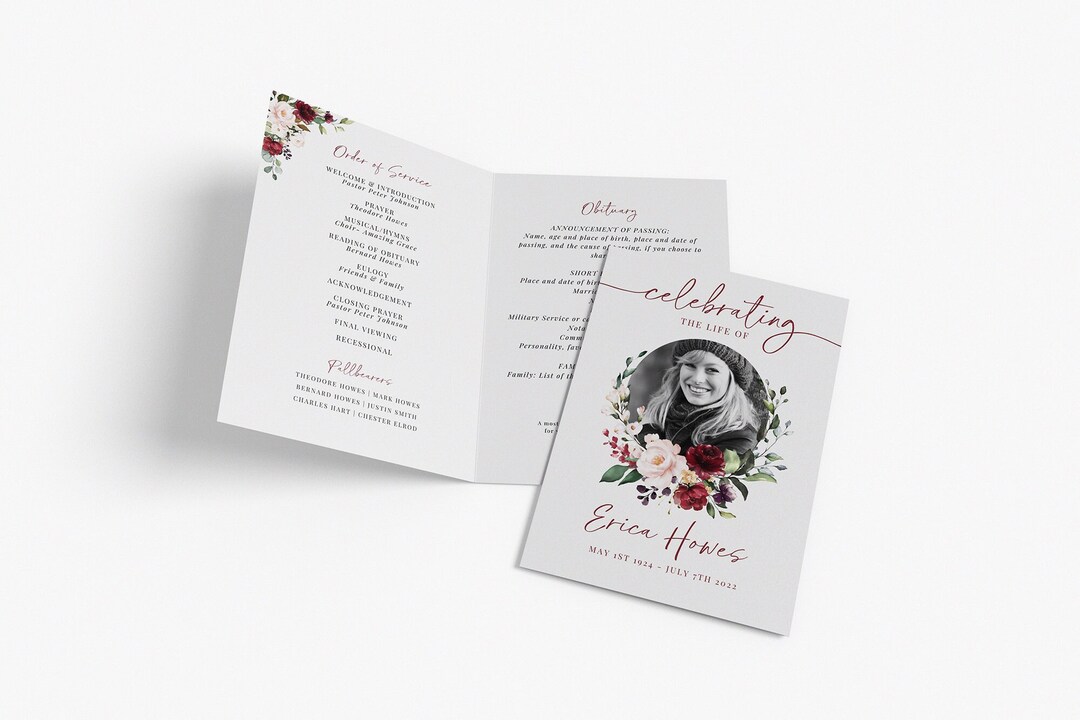 Red Rose Funeral Program Template 4 Page Bifold Obituary - Etsy Portugal