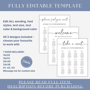Seating Chart TEMPLATE, Seating Plan, Take a Seat, Find Your Seat ...