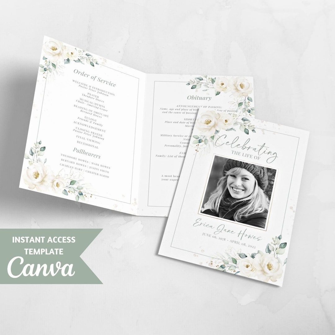 Editable White Floral Funeral Program TEMPLATE for Female - Etsy