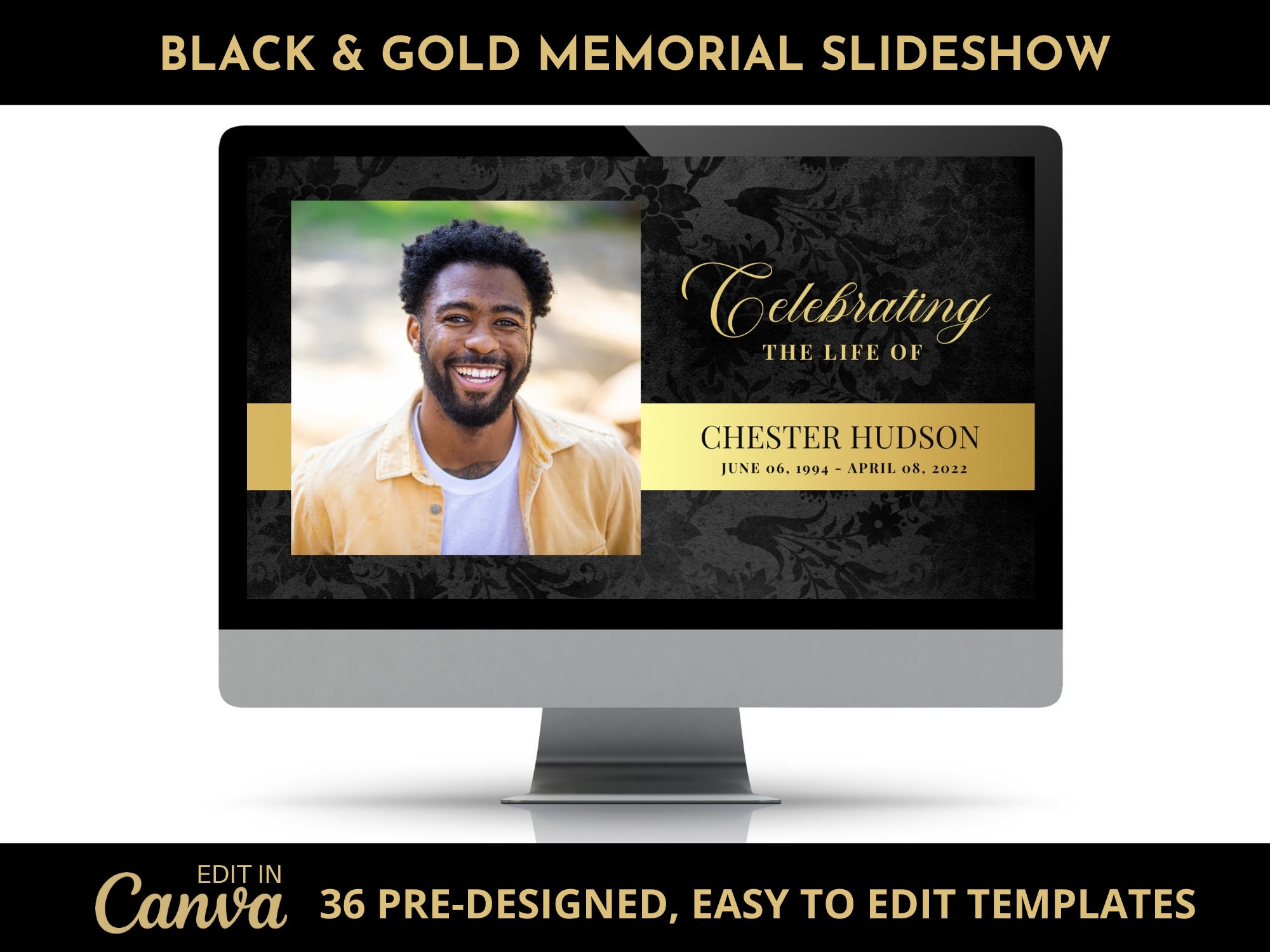 Black and Gold Funeral Slideshow TEMPLATE Celebration of Life - Etsy