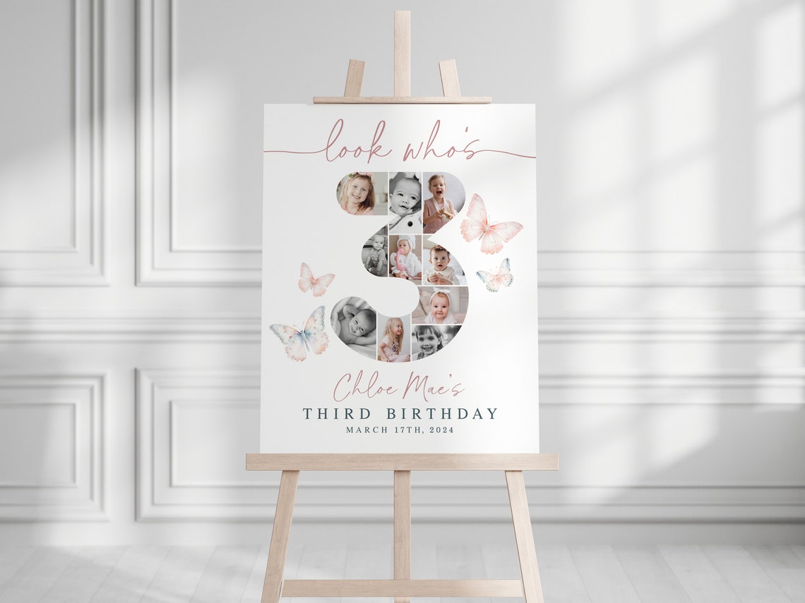 Pink Butterfly 3rd Birthday Welcome Sign TEMPLATE, Look Who's 3, Photo ...