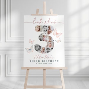 Pink Butterfly 3rd Birthday Welcome Sign TEMPLATE, Look Who's 3, Photo ...