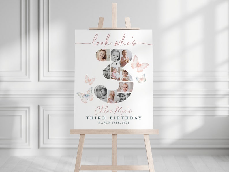 Pink Butterfly 3rd Birthday Welcome Sign TEMPLATE, Look Who's 3, Photo ...