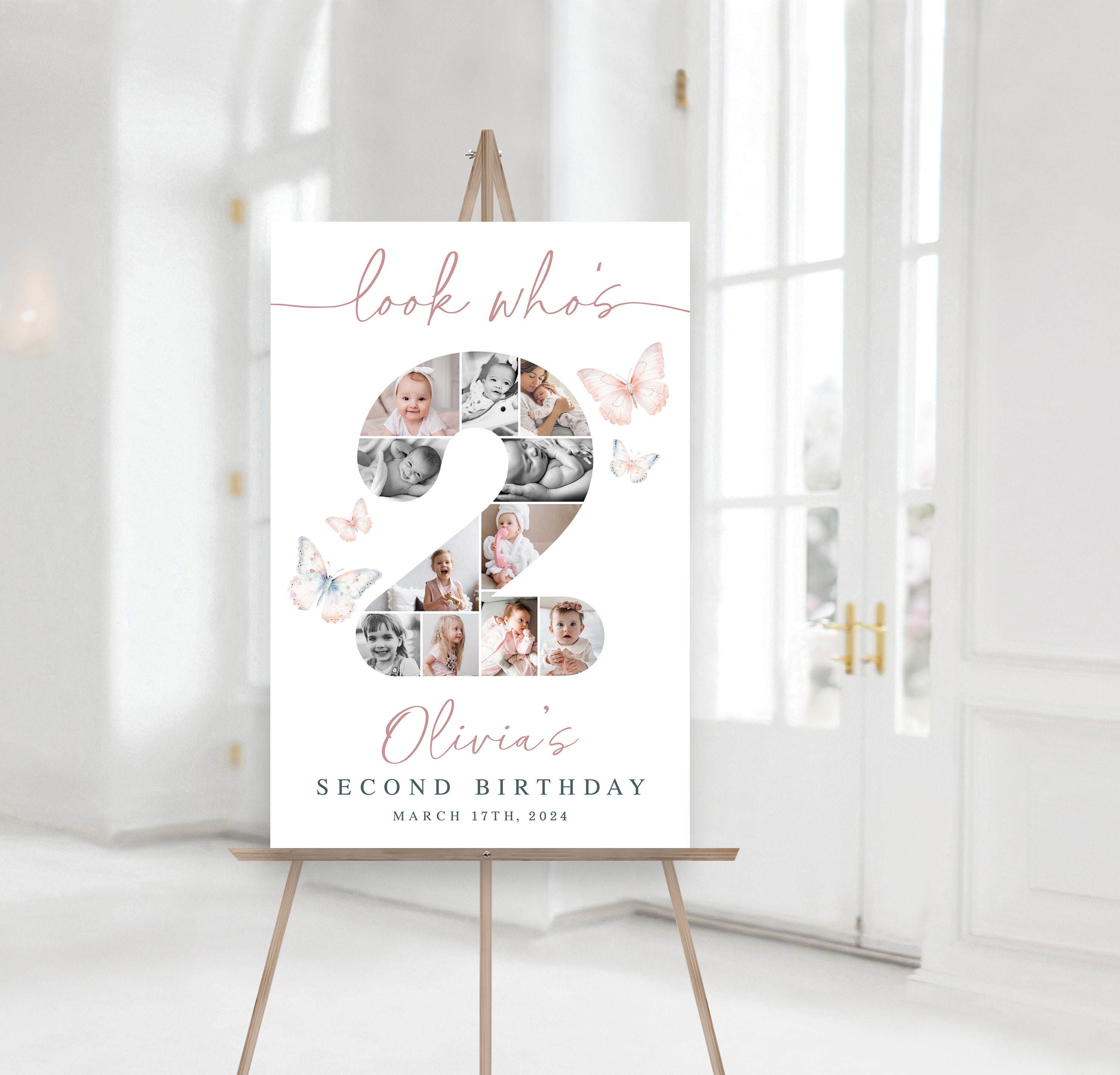 Pink Butterfly 2nd Birthday Welcome Sign TEMPLATE, Look Who's 2, Photo ...
