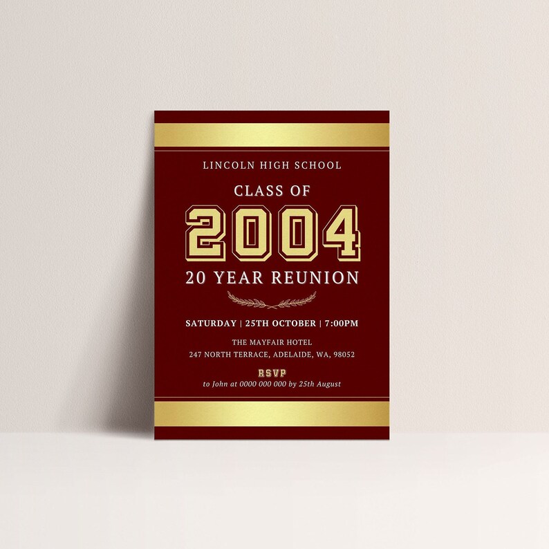 Maroon and Gold Class Reunion Invitation TEMPLATE, 10th 20th 30th 40th ...