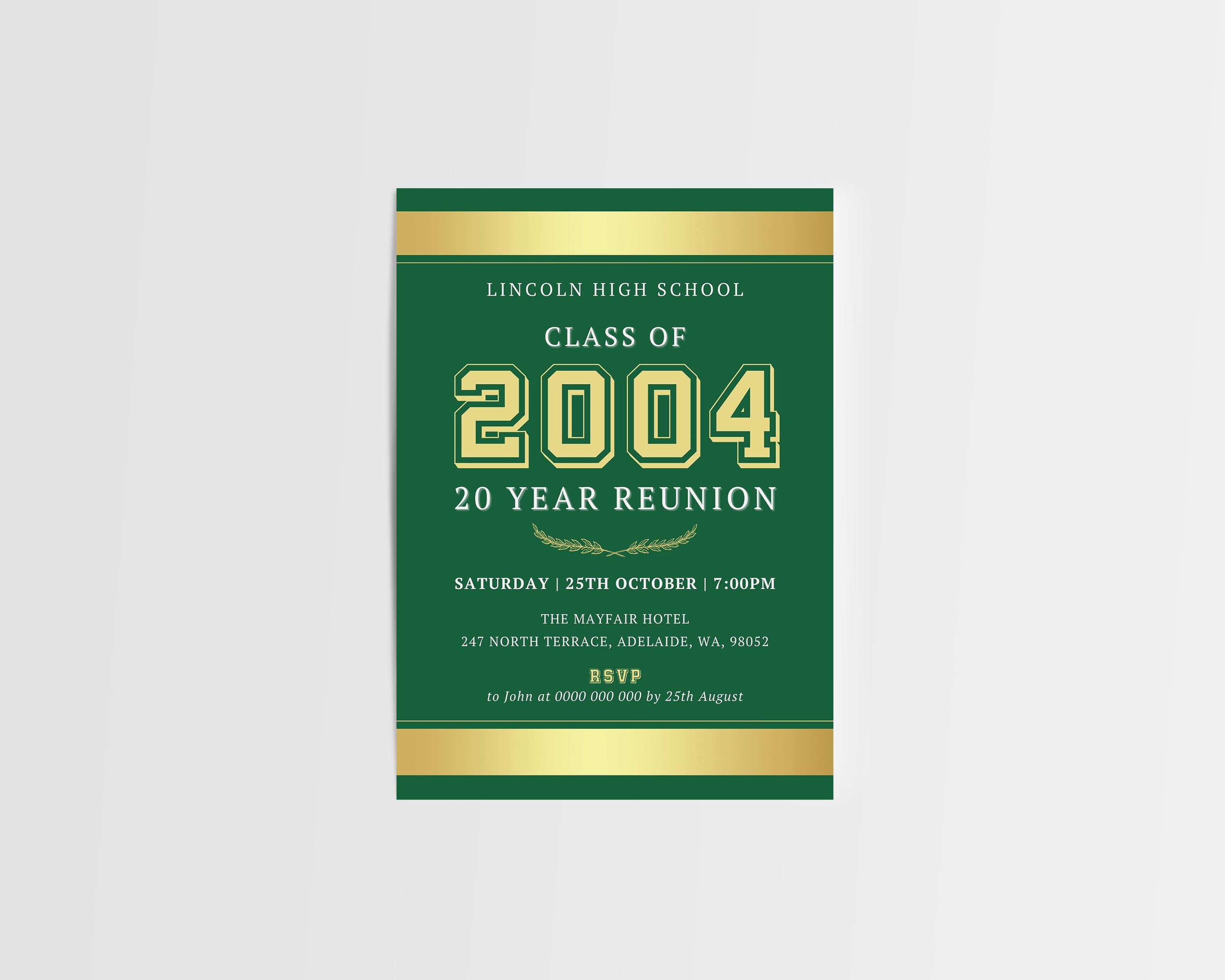 Green and Gold Class Reunion Invitation TEMPLATE, 10th 20th 30th 40th ...