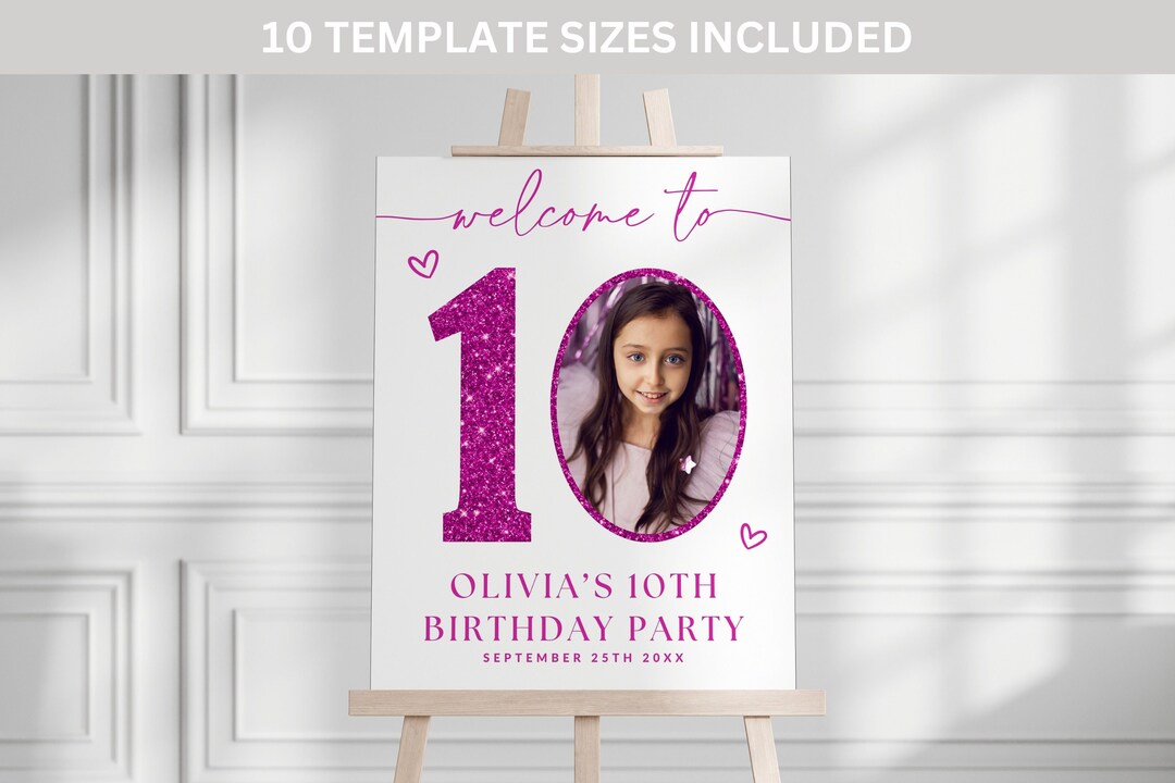 Welcome to 10 Poster TEMPLATE Pink Glitter and White, 10th Birthday ...