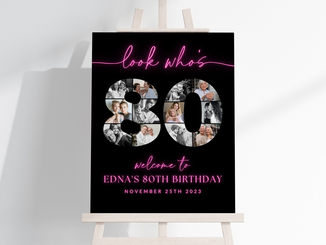 80th Birthday Photo Collage TEMPLATE, Look Who's 80, Black and Neon ...