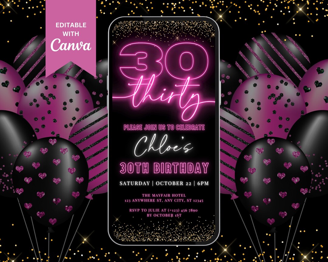 30th Birthday Digital Evite TEMPLATE, Pink Neon Invite for Thirtieth ...