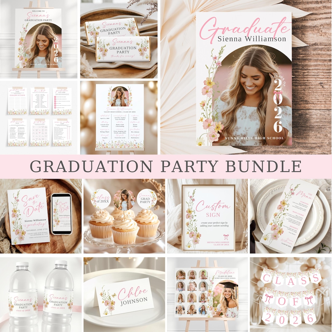 Spring Graduation Party Bundle, Pink Floral Party Templates, Grad Party ...