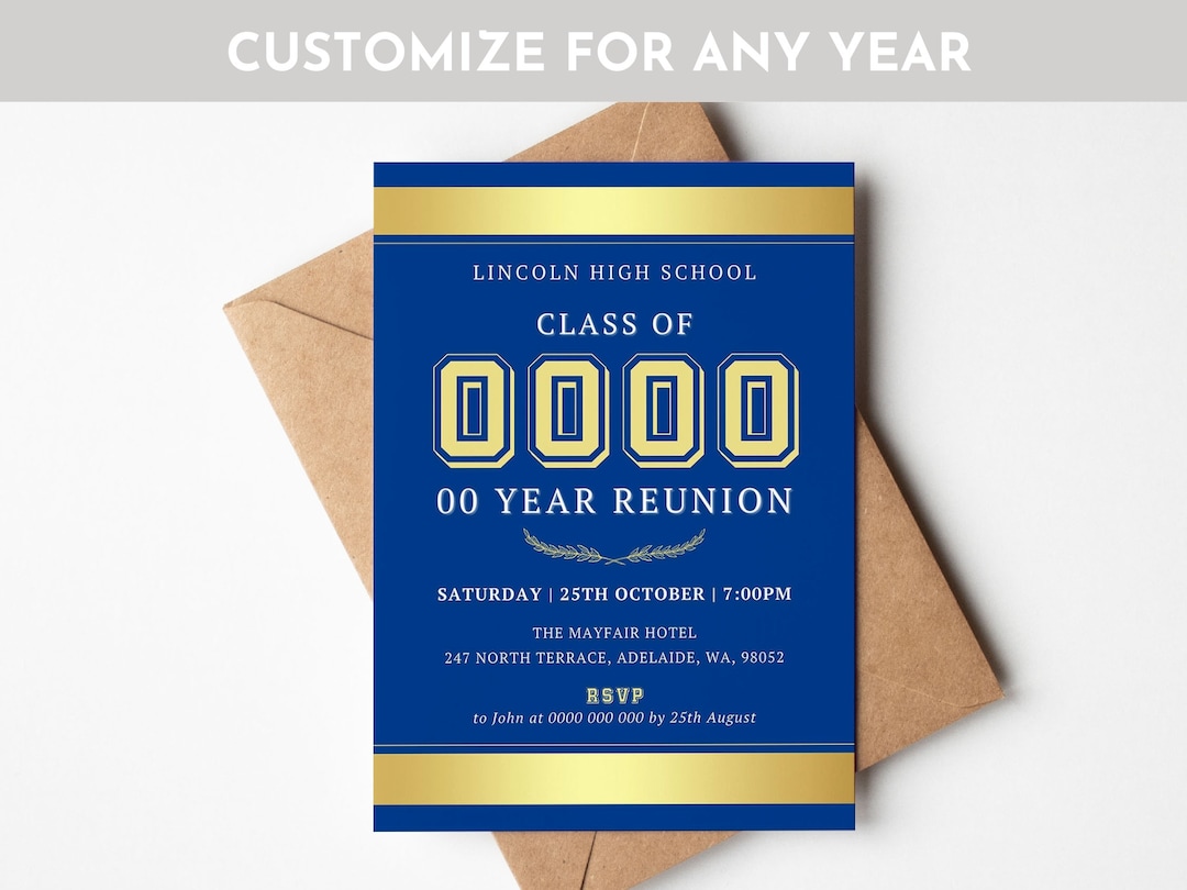 Blue and Gold Class Reunion Invitation TEMPLATE, 10th 20th 30th 40th ...