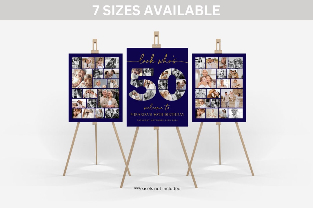 Navy Blue and Gold 50th Birthday Photo Collage Poster TEMPLATE Set ...