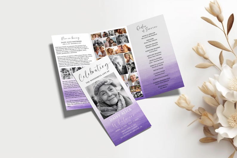 Purple Tri-fold Funeral Program TEMPLATE for Women, Celebration of Life ...
