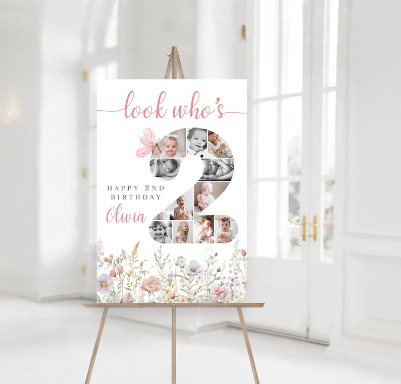 Wildflower 2nd Birthday Welcome Poster TEMPLATE for Girl, Look Who's 2 ...