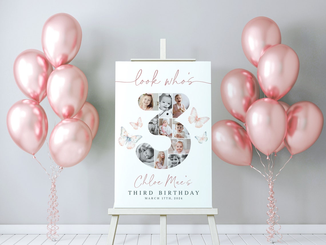 Pink Butterfly 3rd Birthday Welcome Sign TEMPLATE, Look Who's 3, Photo ...