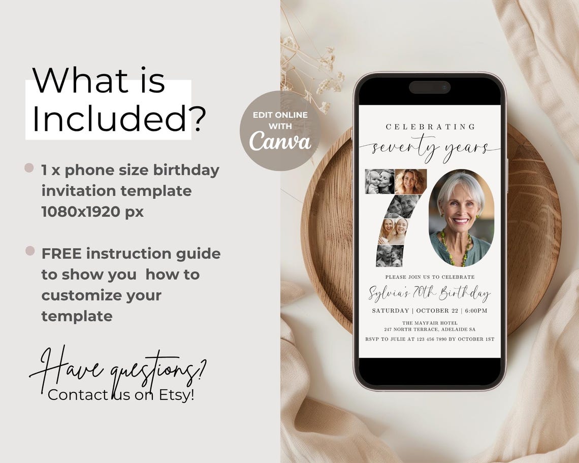 70th Birthday Digital Party Invitation TEMPLATE With Photo Collage ...