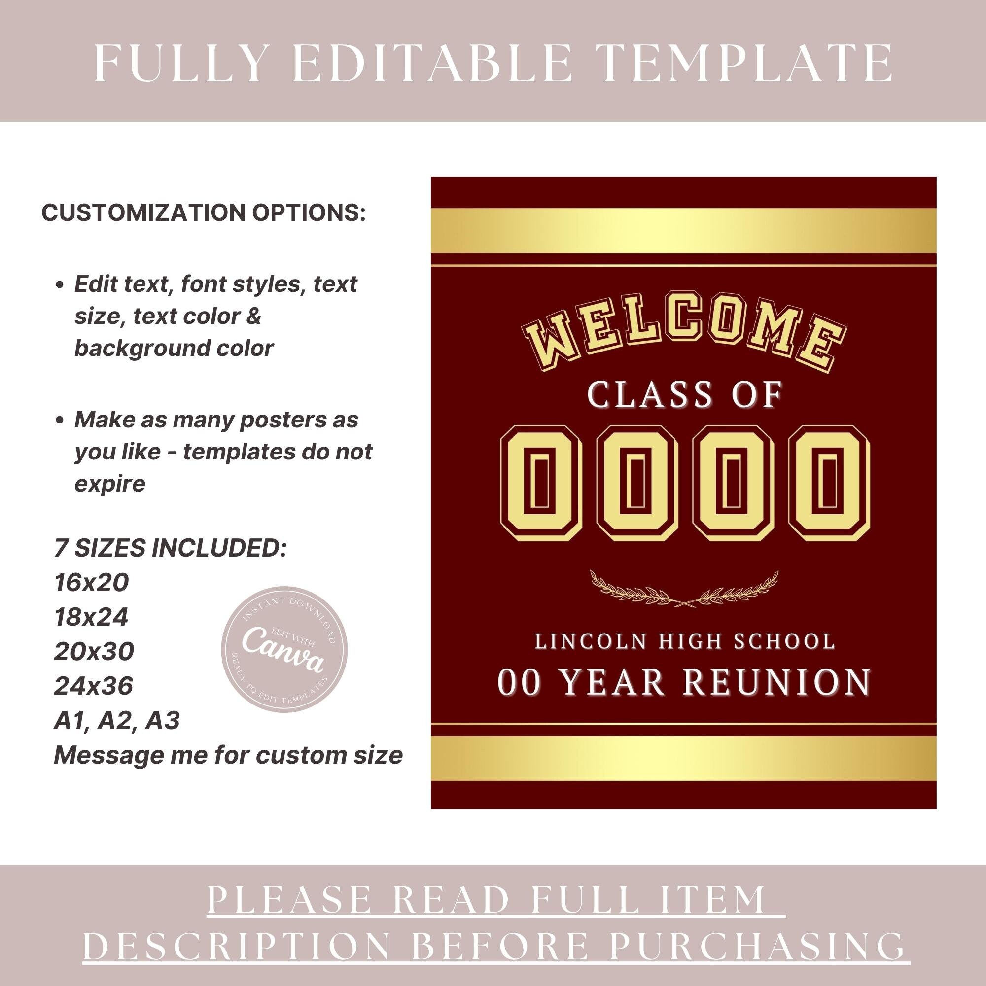 Class Reunion Welcome Poster TEMPLATE, Maroon Burgundy and Gold, School ...