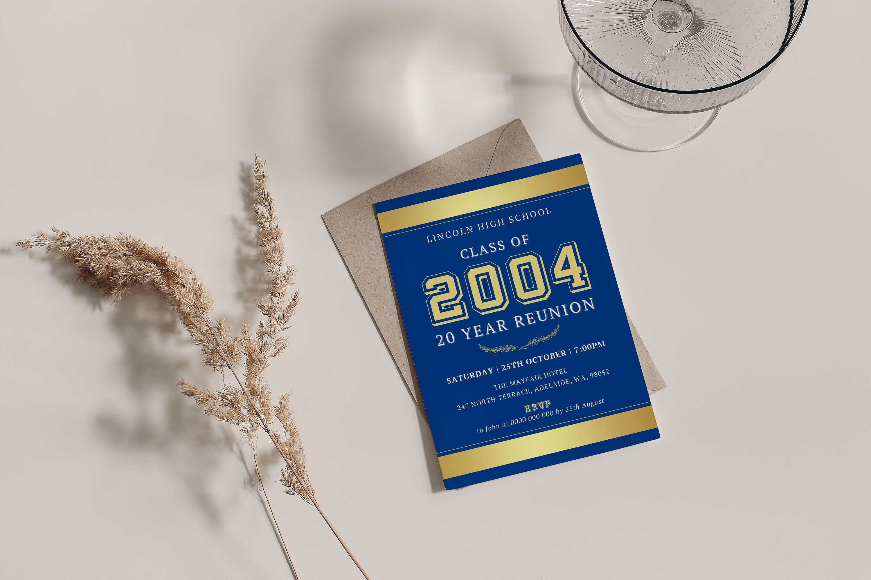 Blue and Gold Class Reunion Invitation TEMPLATE, 10th 20th 30th 40th ...