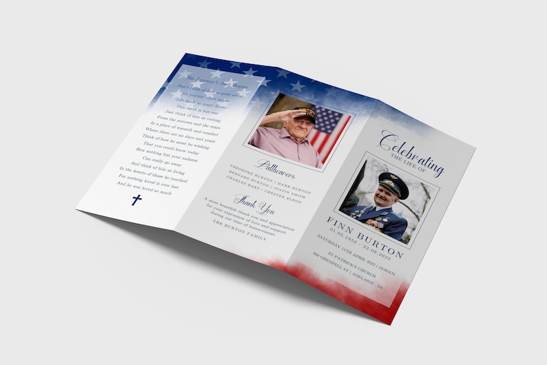 Trifold Funeral Program TEMPLATE American Flag, Patriotic Celebration ...