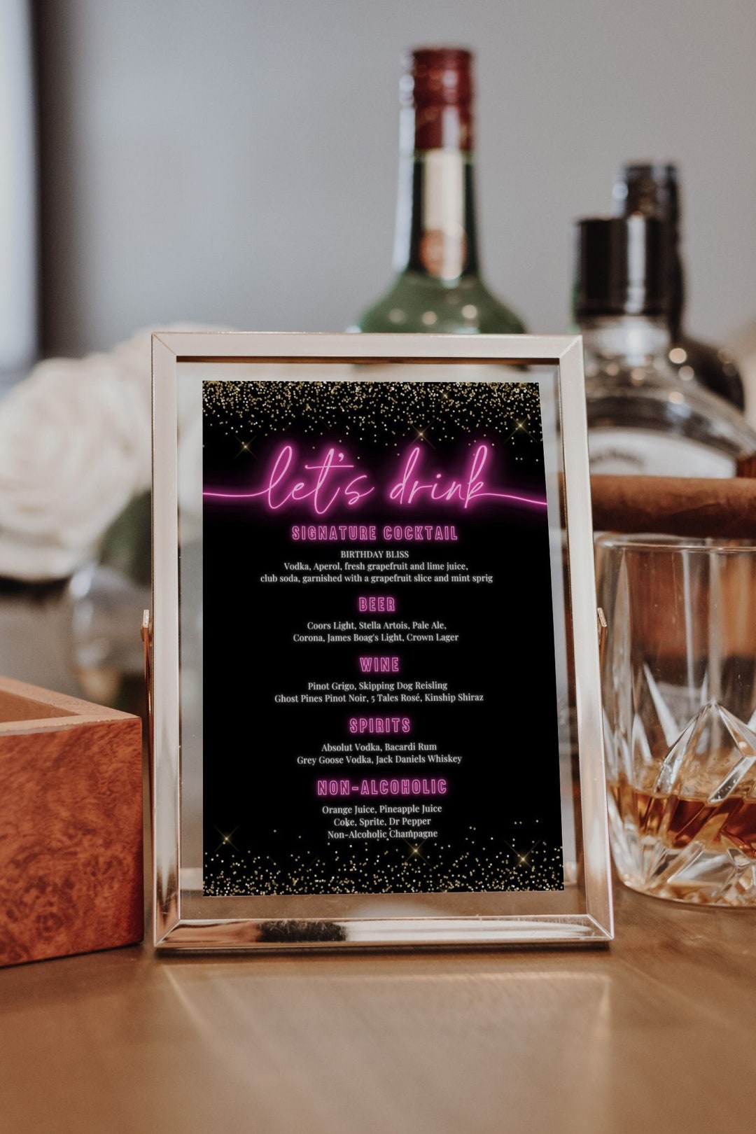 Birthday Drinks Menu TEMPLATE, Pink Neon Black and Gold, Printable Bar ...