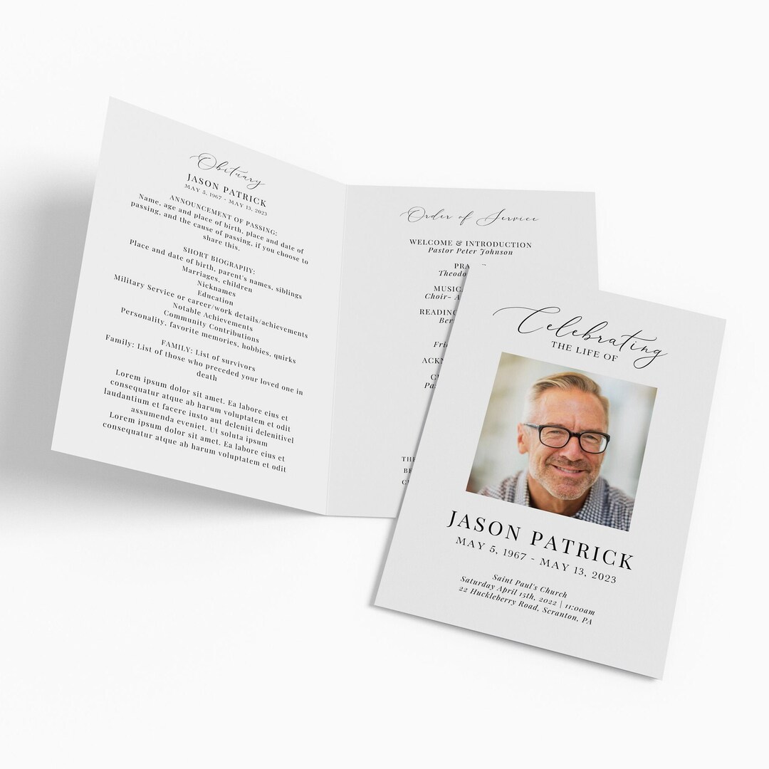 Minimalist Funeral Program Template, 4 Page Bifold Obituary, Funeral ...