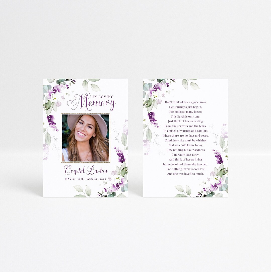 Lavender Memorial Card TEMPLATE, in Loving Memory, Purple Floral Prayer ...