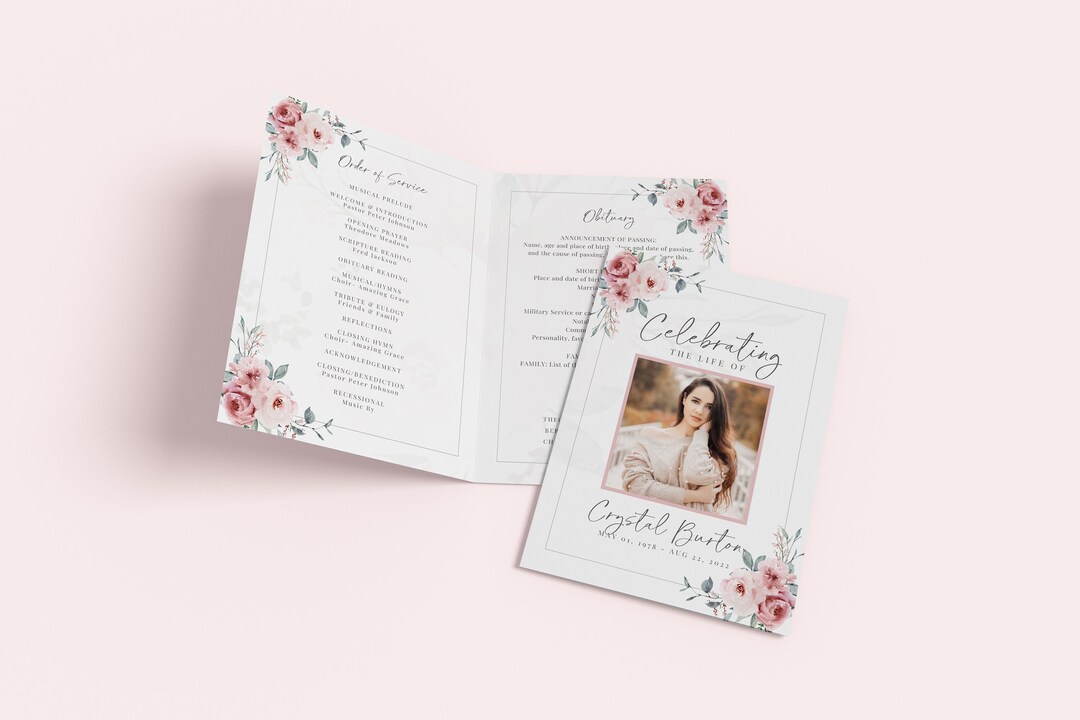 Celebration of Life Bifold Funeral Program TEMPLATE, Pink Rose Order of ...