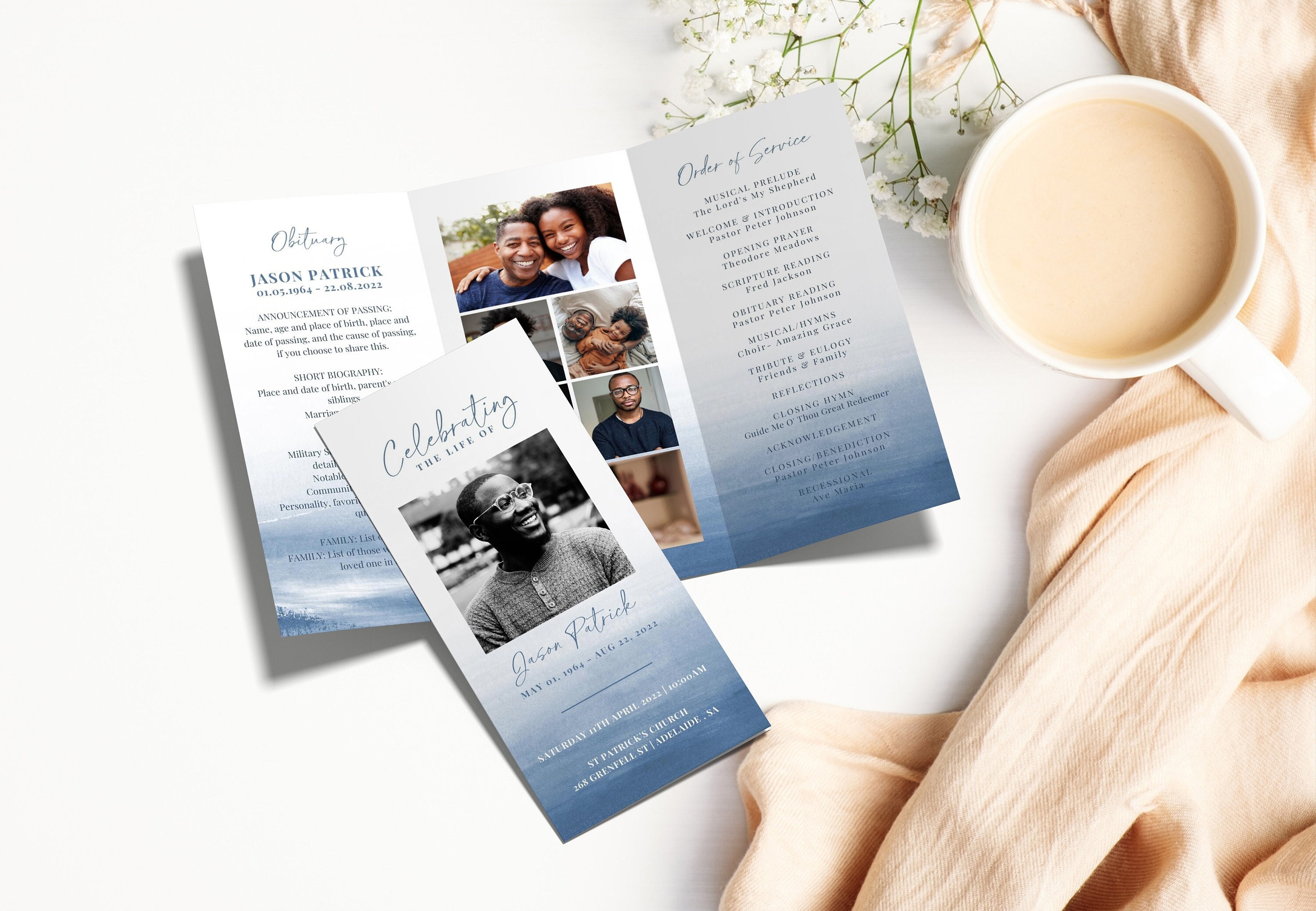Trifold Funeral Program TEMPLATE for Men Blue Watercolor - Etsy Canada