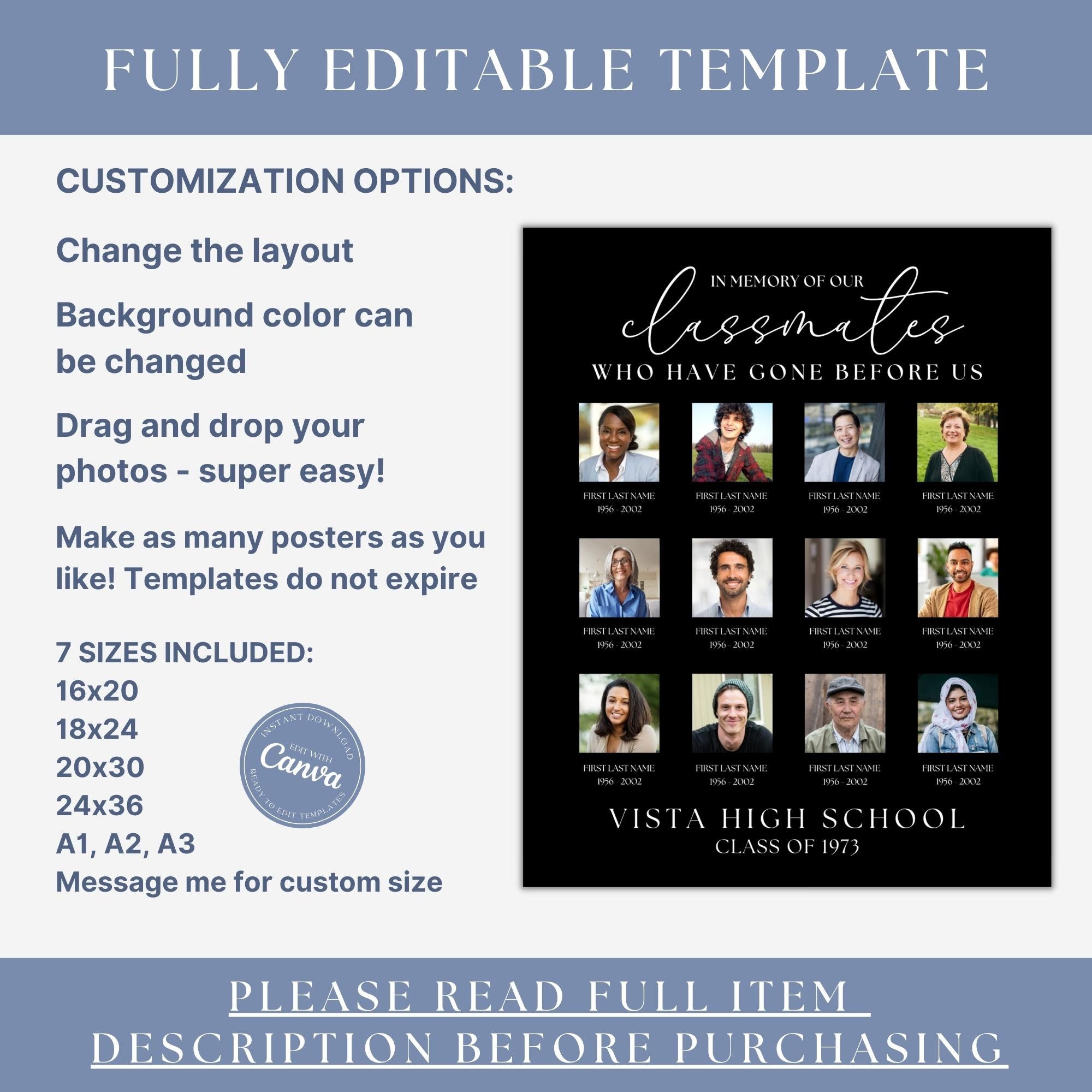 Class Reunion Memorial Poster Template Set to Honor Deceased Classmates ...