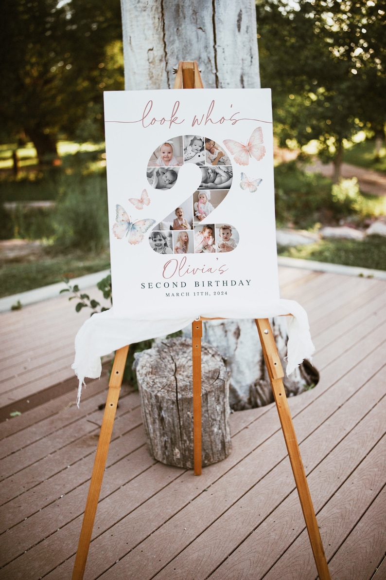 Pink Butterfly 2nd Birthday Welcome Sign TEMPLATE, Look Who's 2, Photo ...