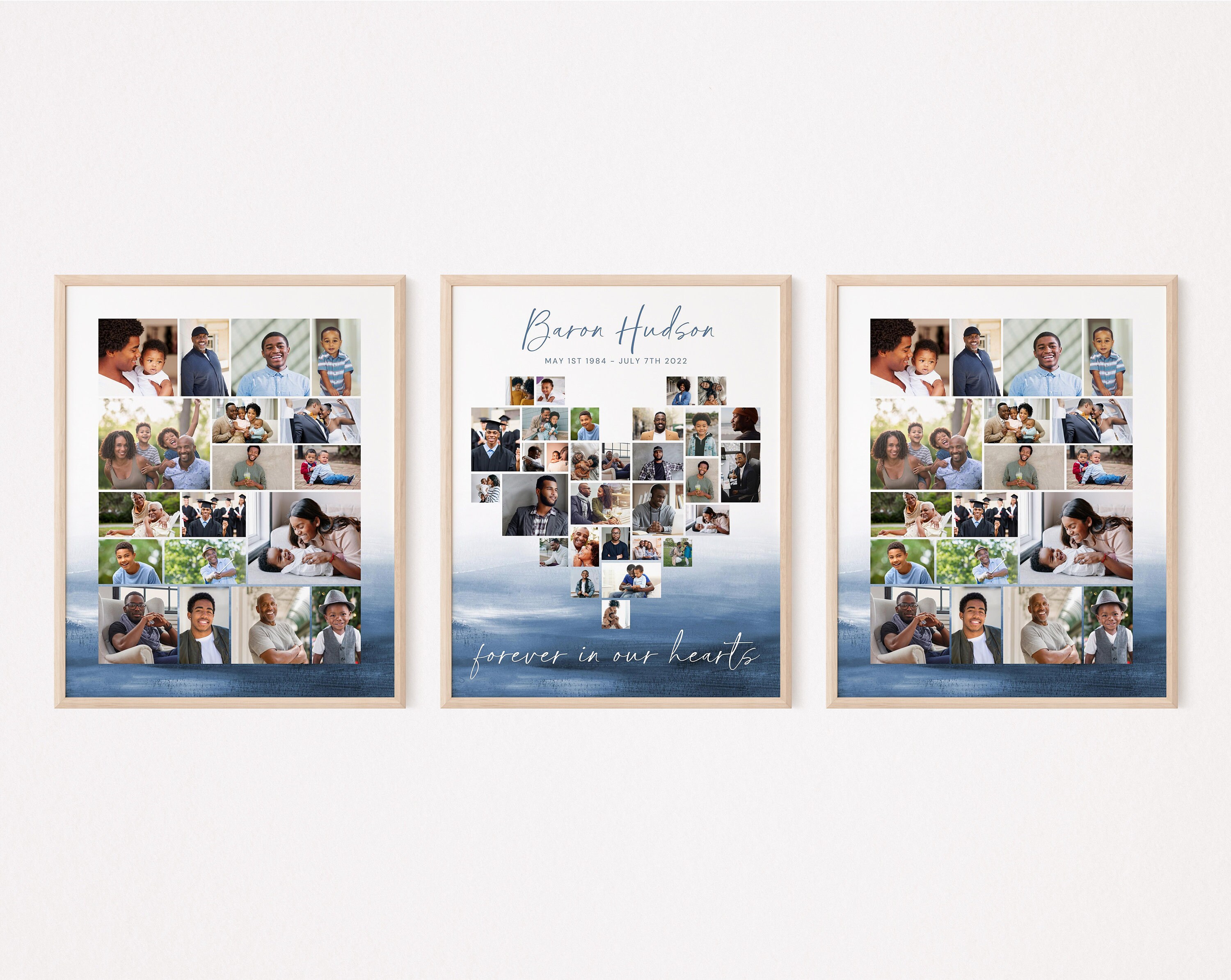 Blue Watercolor Heart Collage Template SET, Funeral Photo Collage ...