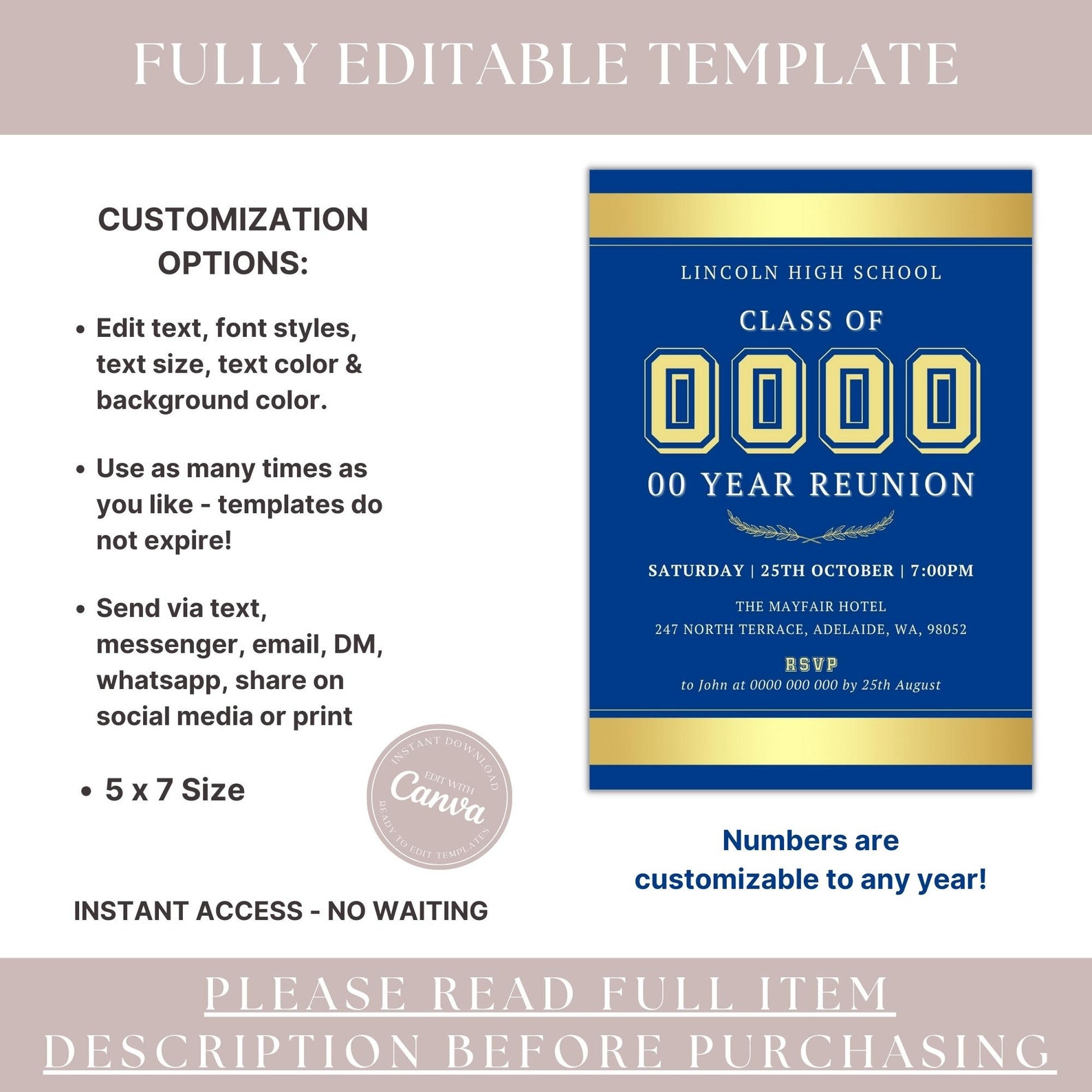Blue and Gold Class Reunion Invitation TEMPLATE, 10th 20th 30th 40th ...