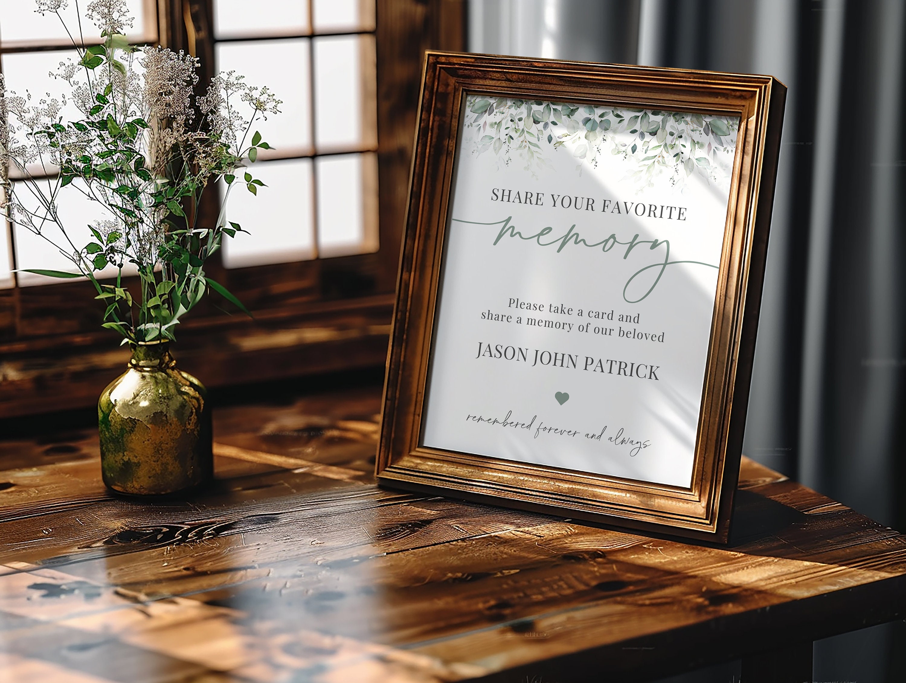 Share a Memory Sign and Card TEMPLATE With Greenery, Funeral Table ...