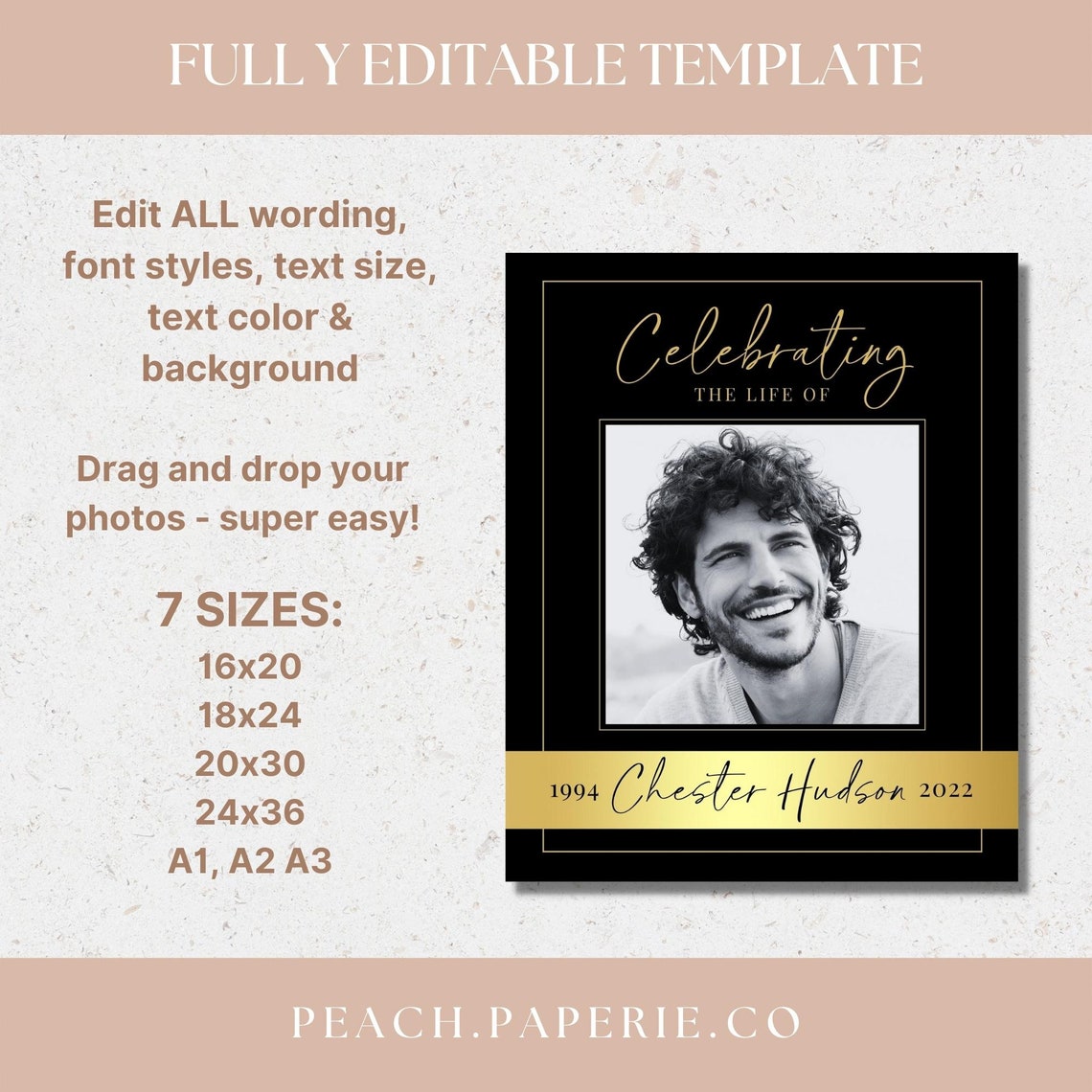 Black and Gold Funeral Photo Display Template Bundle - Etsy