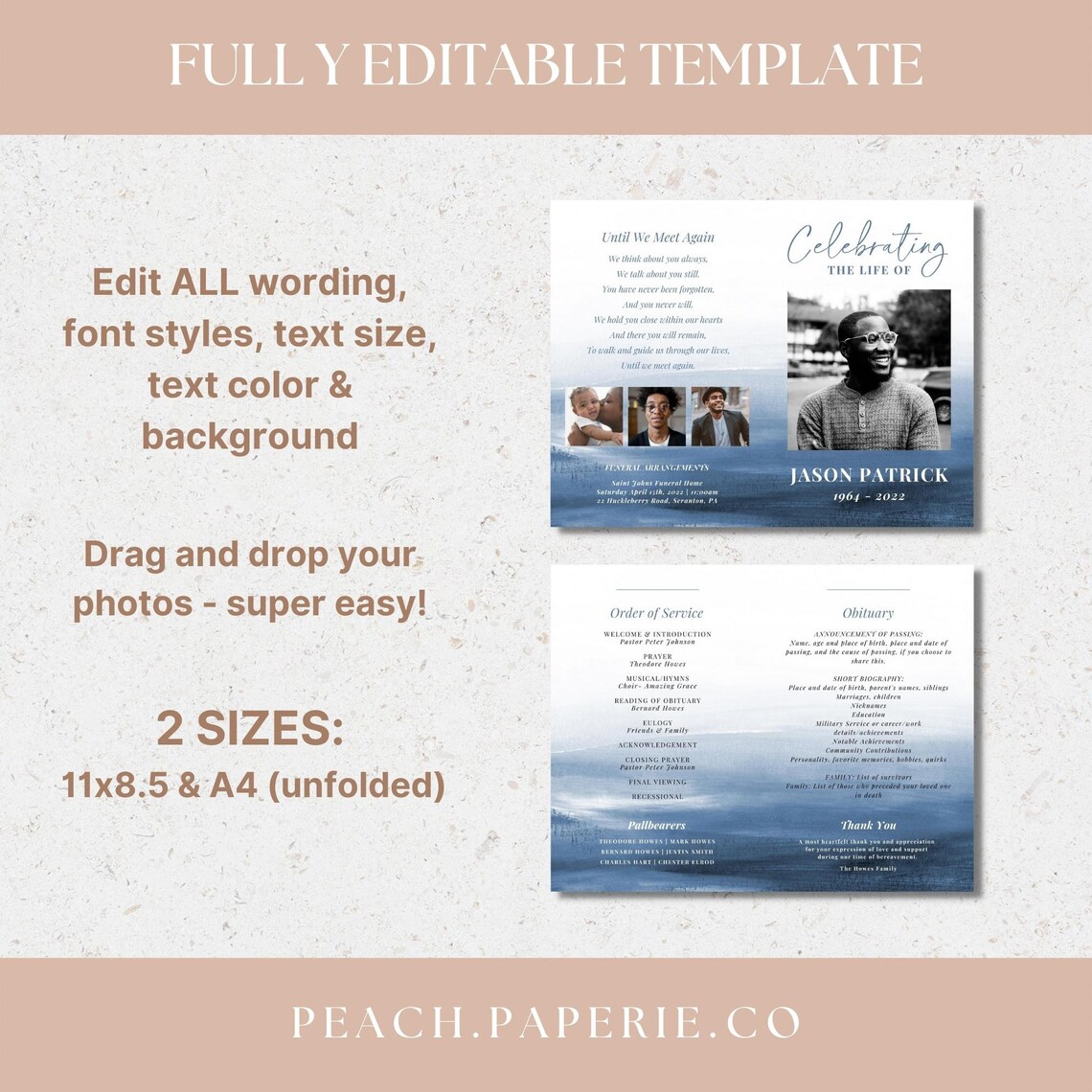 Blue Celebration of Life Funeral Program TEMPLATE for Male - Etsy