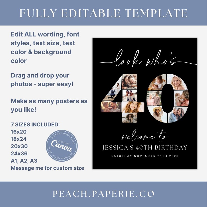 Black 40th Birthday Photo Collage TEMPLATE, Look Who's 40, Customizable ...