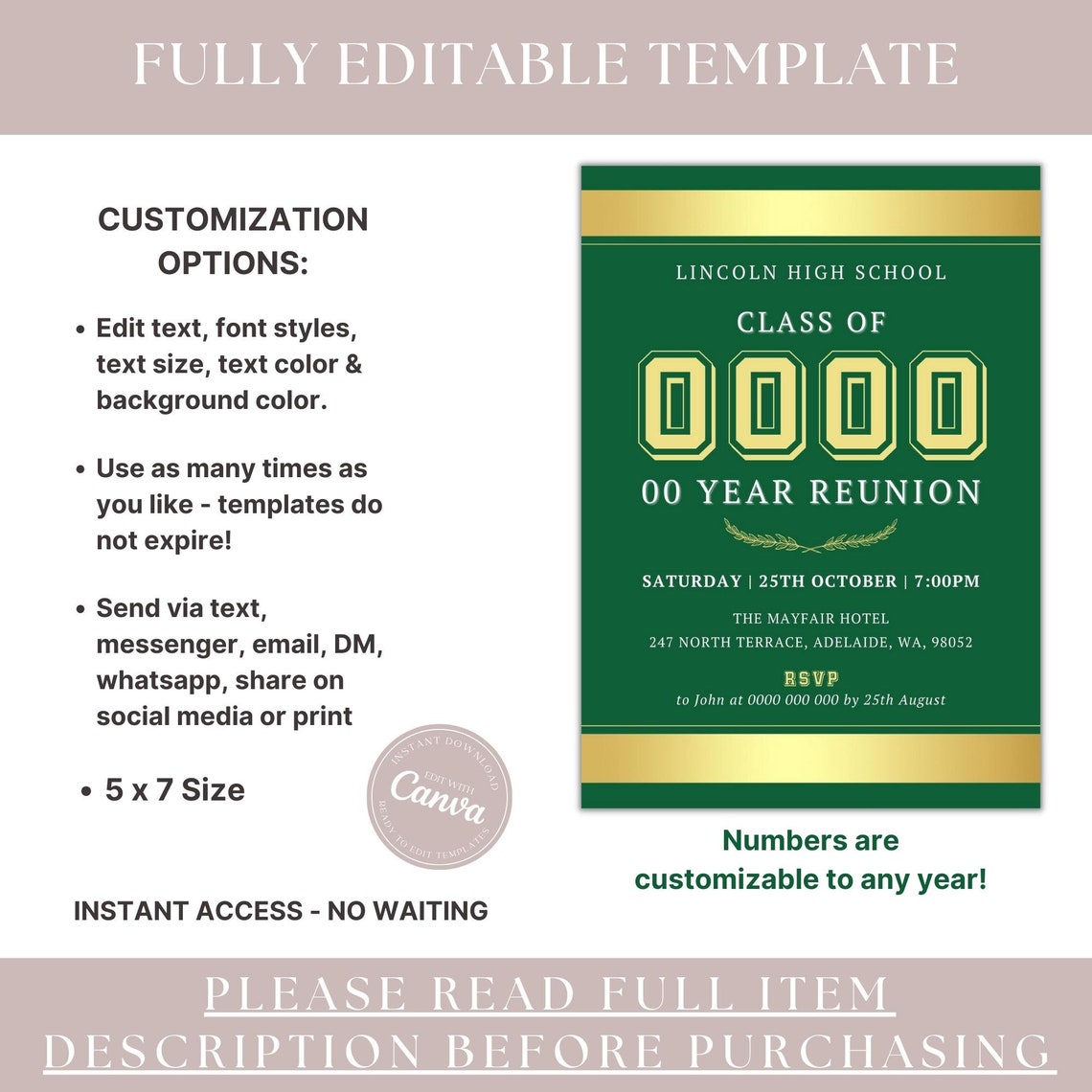 Green and Gold Class Reunion Invitation TEMPLATE, 10th 20th 30th 40th ...