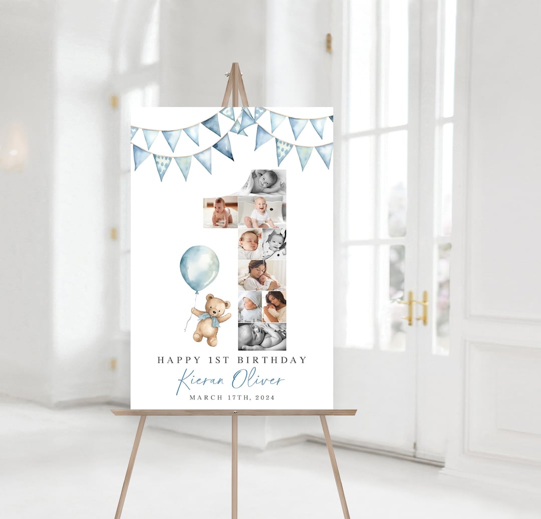 1st Birthday Welcome Poster TEMPLATE, Blue Teddy Bear With Balloon and ...