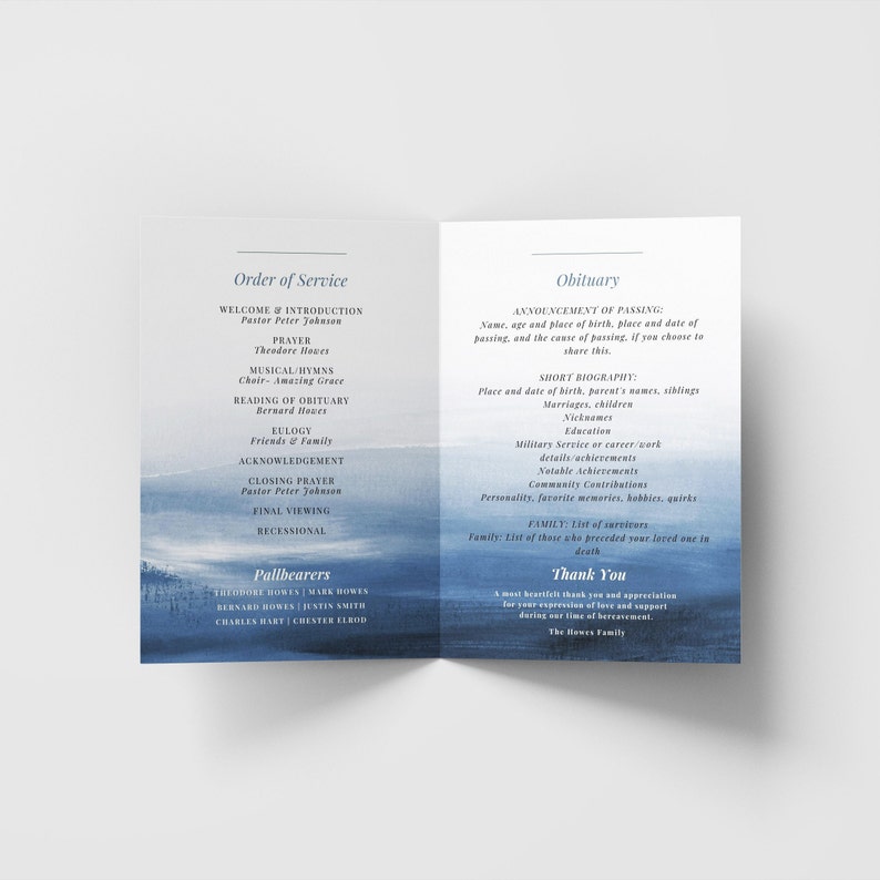 Blue Celebration of Life Funeral Program TEMPLATE for Male, Blue ...