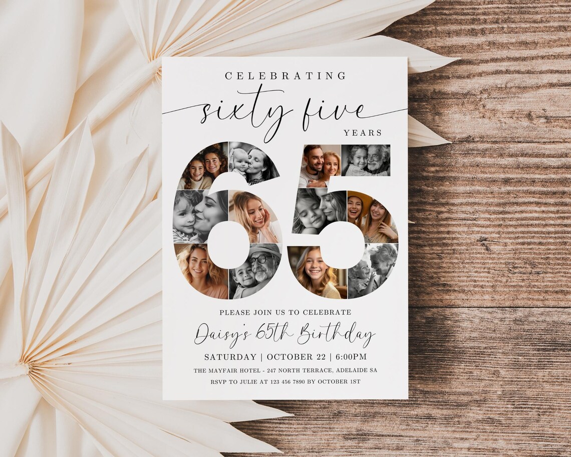 65th Birthday Invitation TEMPLATE With Photo Collage, Celebrating 65 ...