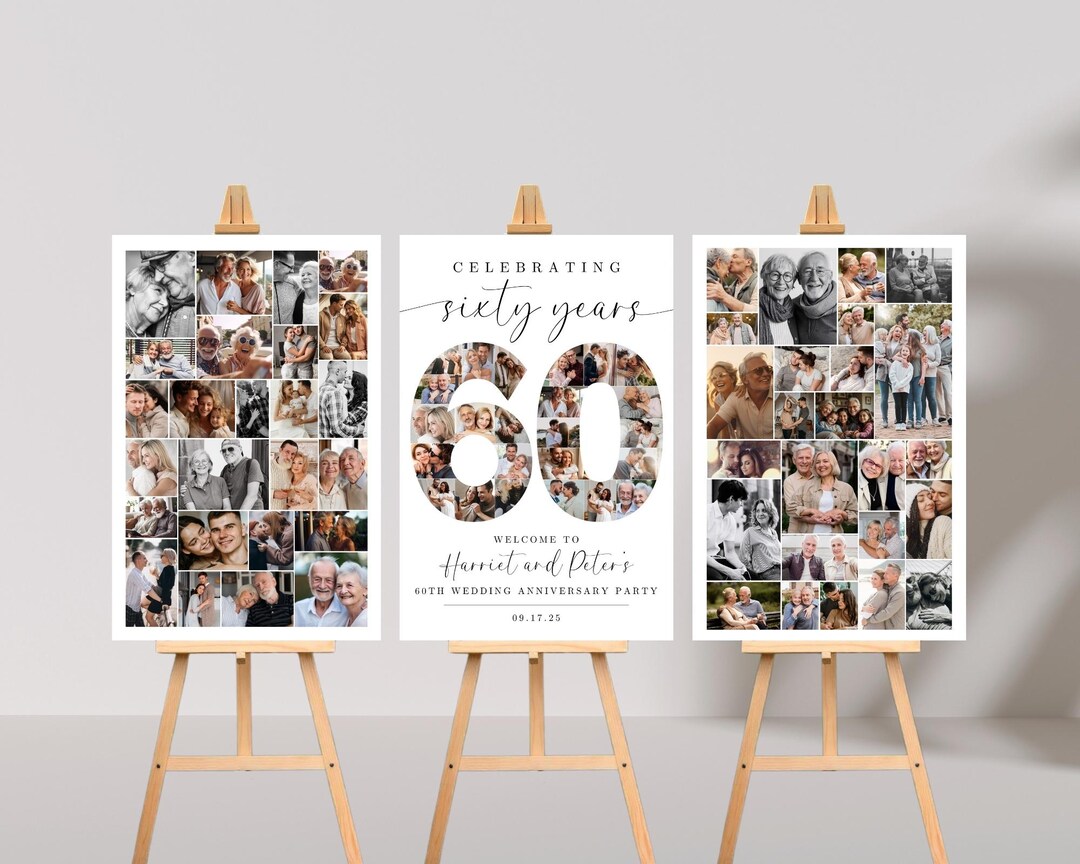 60th Anniversary Party Welcome Sign TEMPLATE Set, Photo Collage Board ...