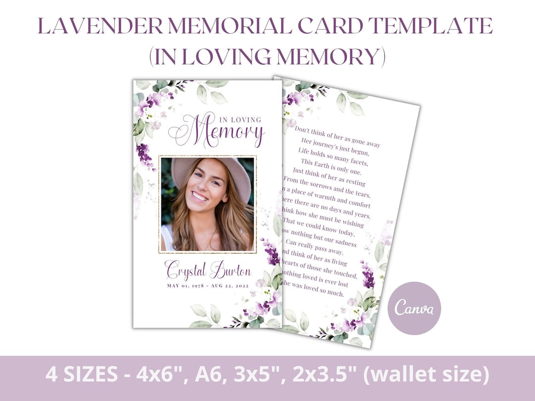 Lavender Memorial Card TEMPLATE in Loving Memory Purple - Etsy