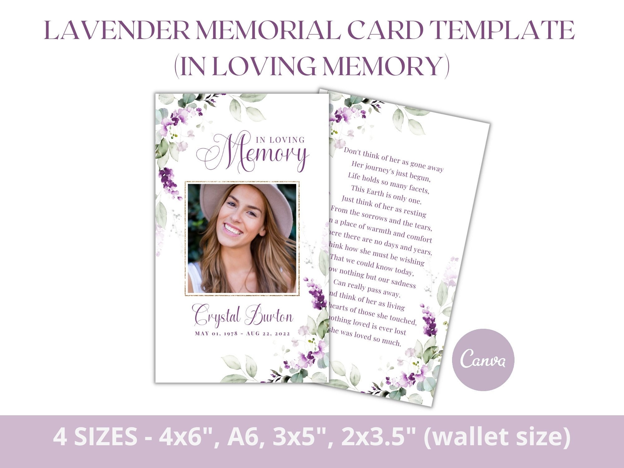 Lavender Memorial Card TEMPLATE, in Loving Memory, Purple Floral Prayer ...