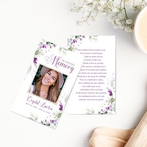 Lavender Memorial Card TEMPLATE, in Loving Memory, Purple Floral Prayer ...