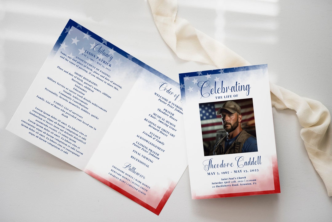 4 Page Bifold Funeral Program TEMPLATE American Flag for Veteran ...