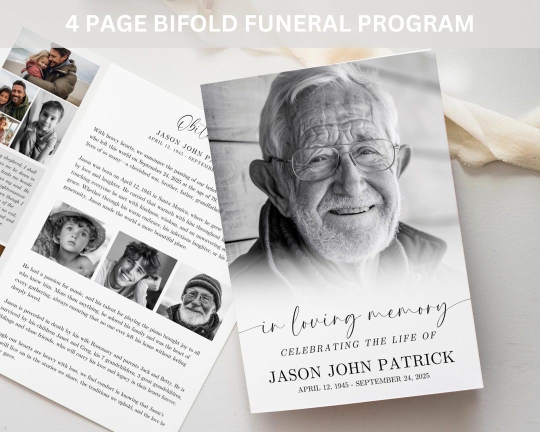 4 Page Bifold Funeral Program TEMPLATE, Modern Minimalist, Celebration ...