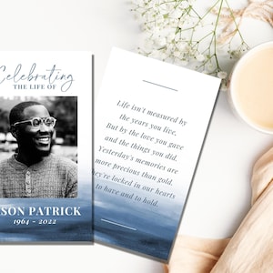 Blue Memorial Card Template for Man, Funeral Favors, Printable Prayer ...