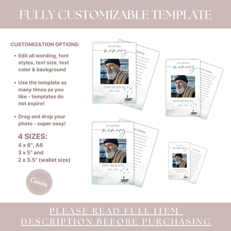 Fisherman Memorial Card Template for Men, Gone Fishing Poem Prayer Card ...