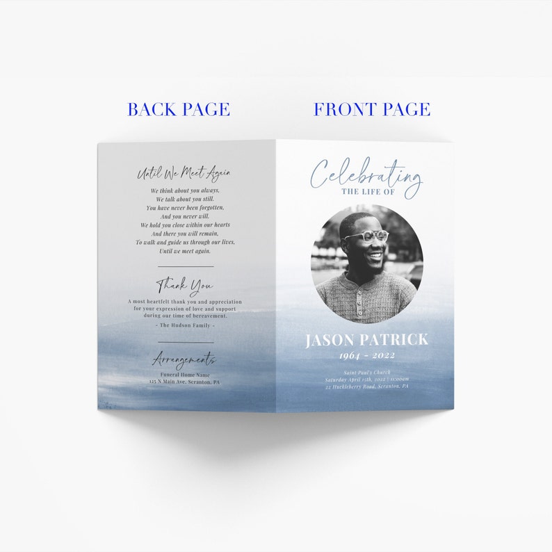 8 Page Bifold Funeral Program TEMPLATE, Blue Watercolor Celebration of ...